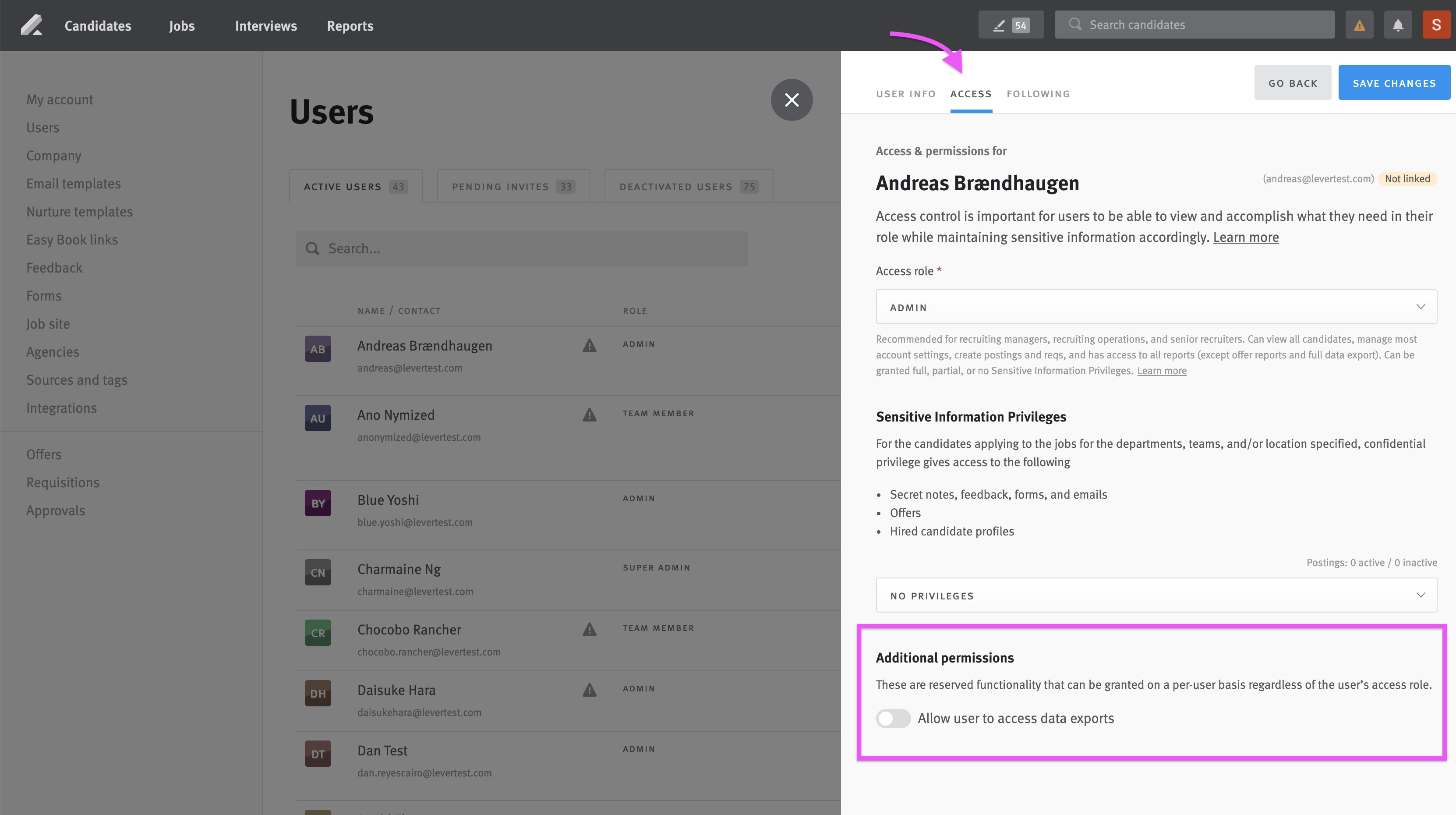Granting users data export access