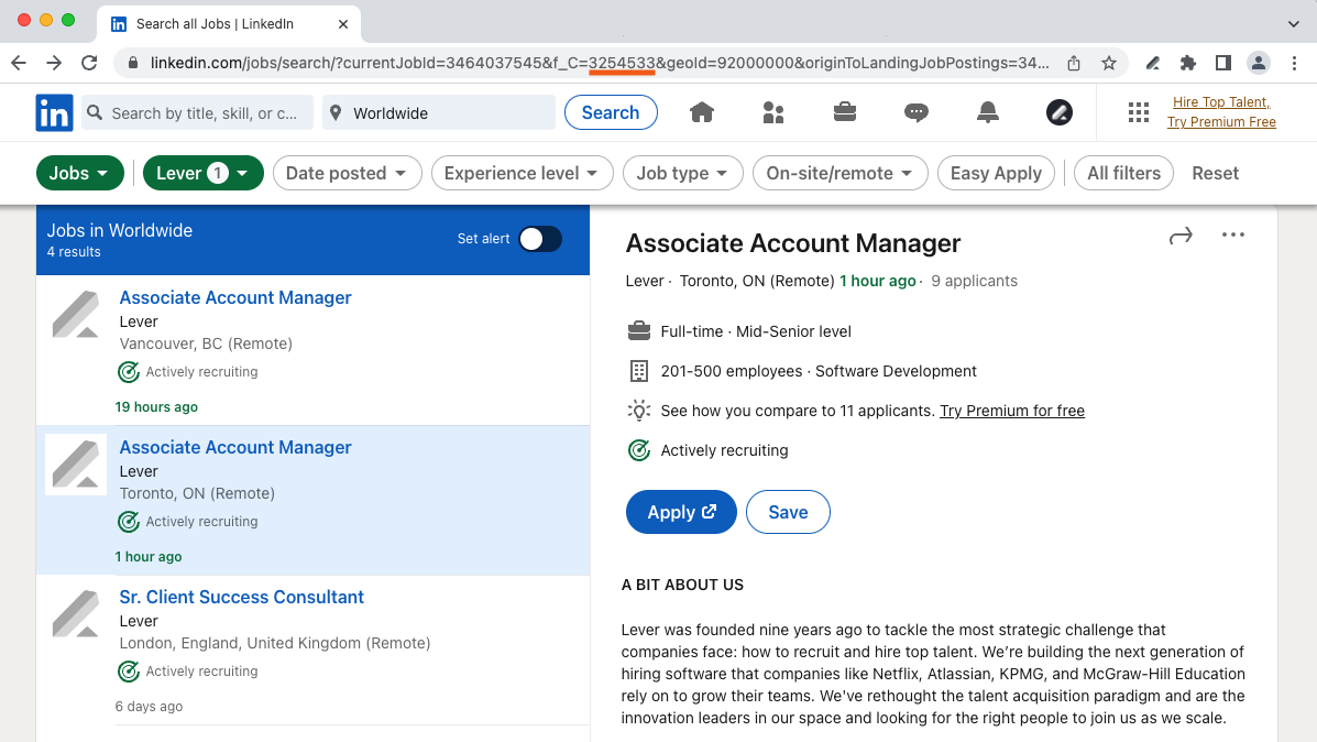 Adding your LinkedIn Company ID to the LinkedIn job board integration