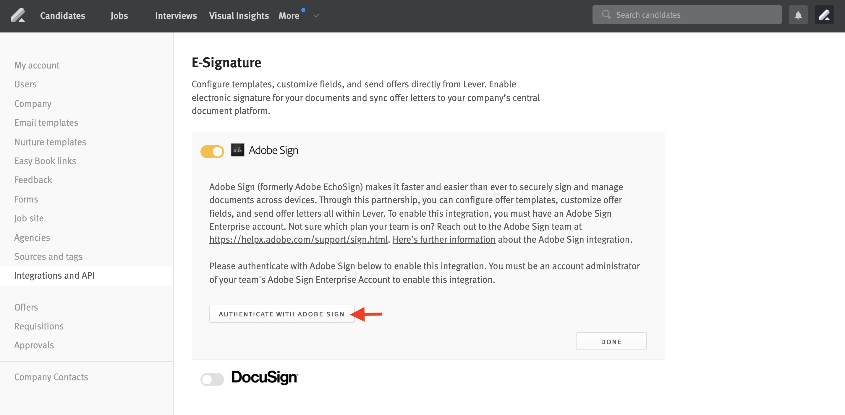 Enabling the Adobe Sign e-signature integration