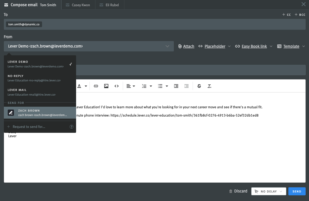 Sending emails on behalf of another Lever user (via 'Send For' permission)