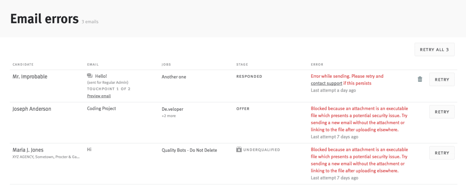 Managing failed emails