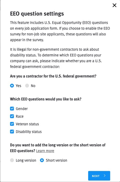 Configuring and using equal employment opportunity (EEO) questions