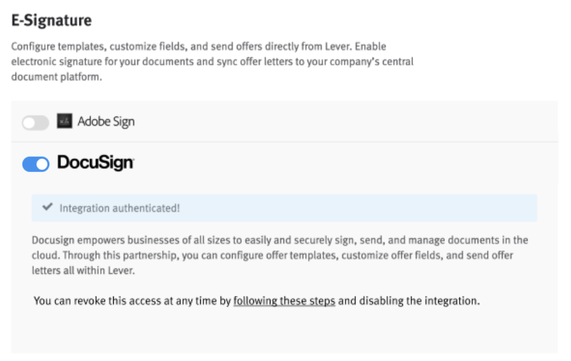 Enabling the DocuSign e-signature integration